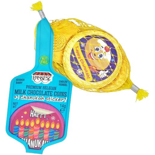 KOSHER MILK CHOCOLATE COINS + 1 STICKER 14 GR. PASKESZ CHANUKKAH GELT ...